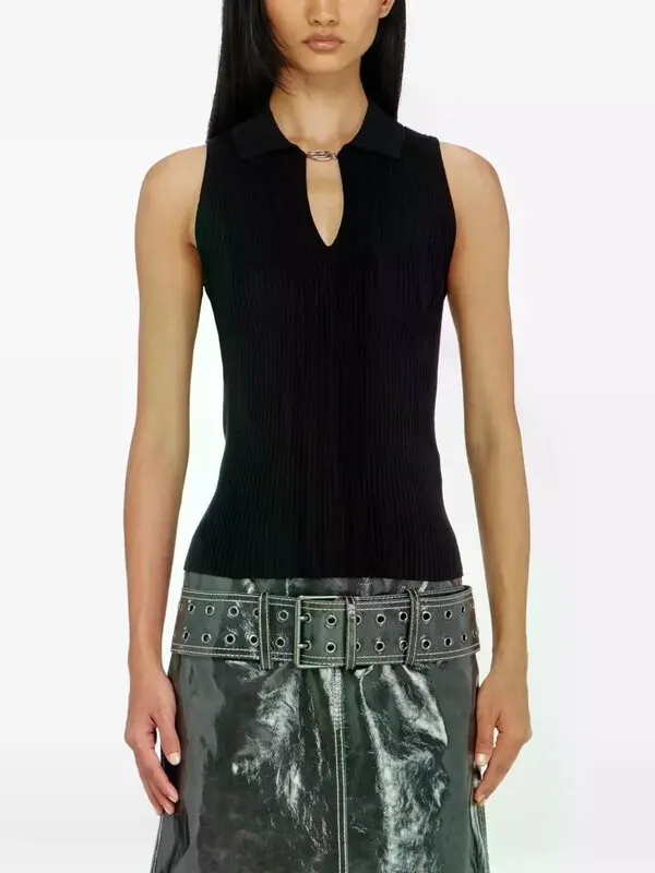 DIESEL® Sleeveless Rib-knit Silk Blend Polo Top With Oval D Plaque