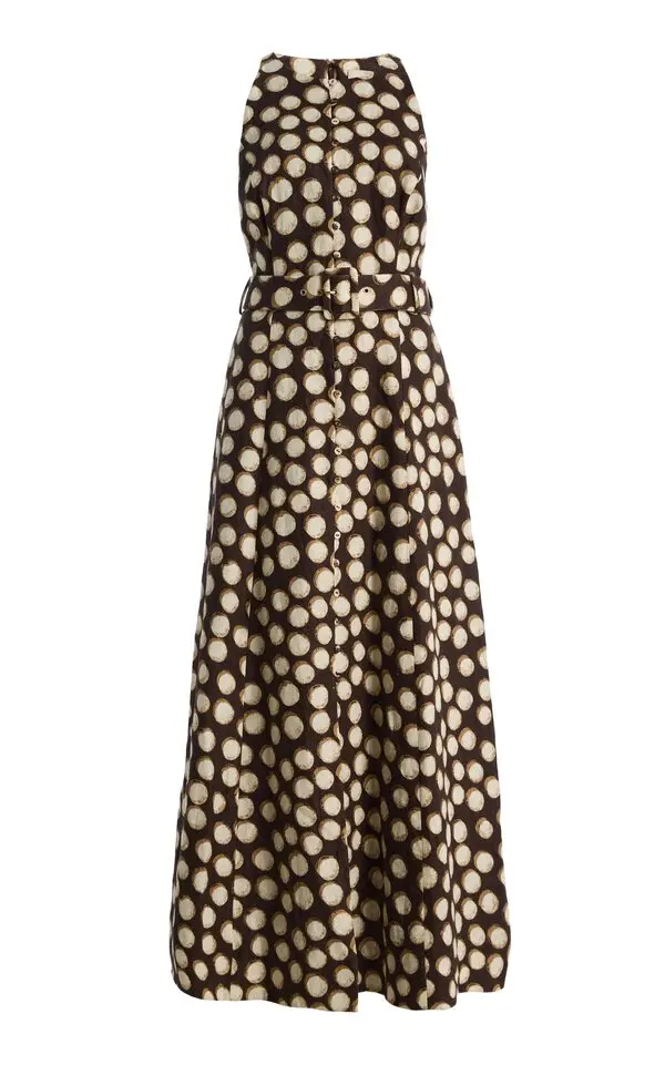 ALEMAIS Paula Belted Printed Linen Midi Dress - Brown