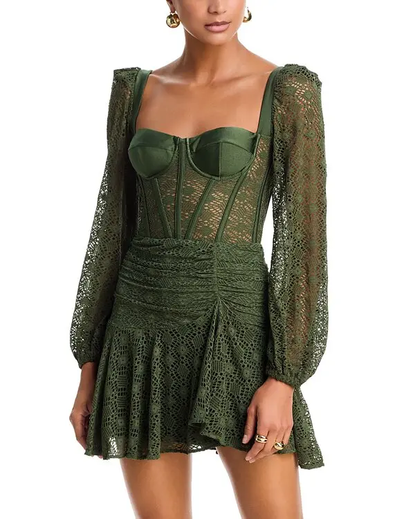 PatBO Sirena Mesh Long Sleeve Mini Dress - Green
