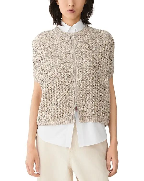 Lafayette 148 New York Flax Linen Cotton Open Knit Sweater - Sandstone