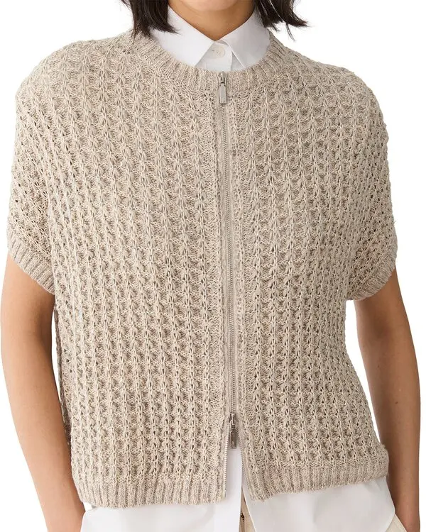 Lafayette 148 New York Flax Linen Cotton Open Knit Zip-up Vest