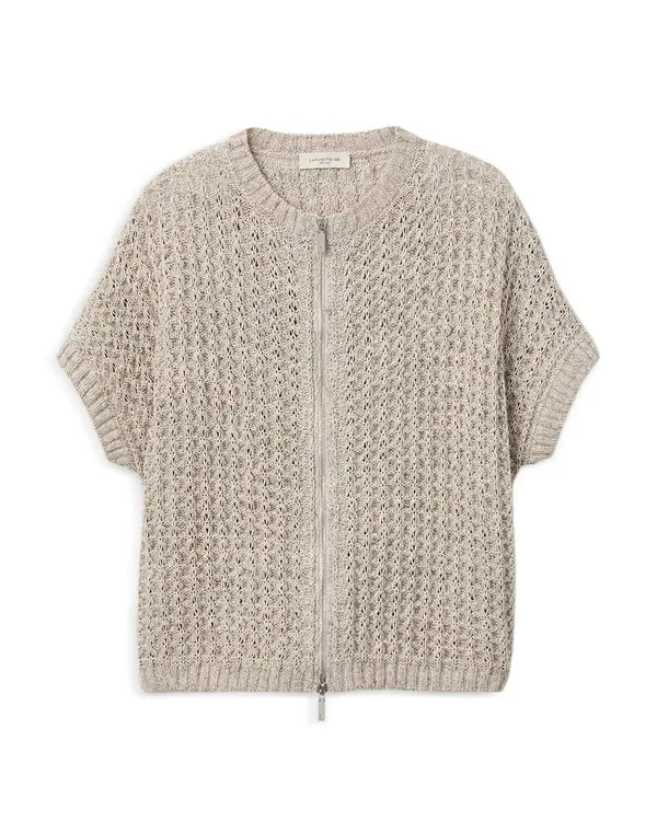 Lafayette 148 New York Flax Linen Cotton Open Knit Zip-up Vest