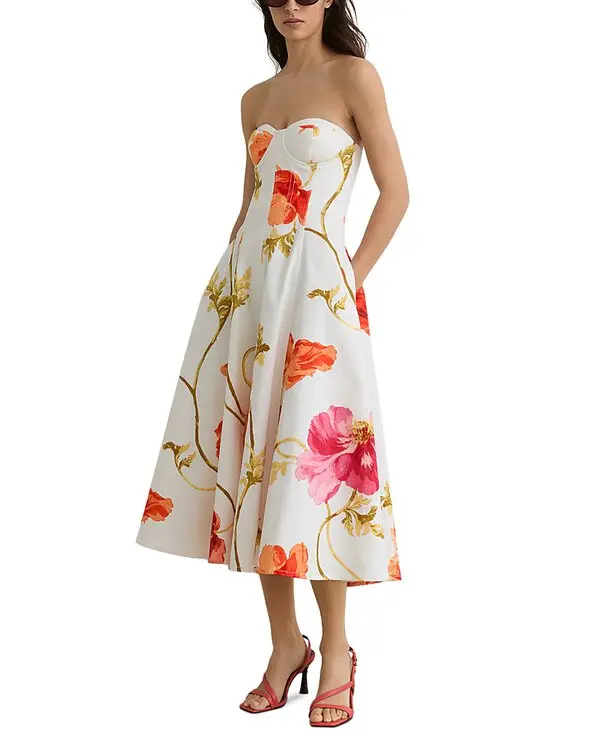 REISS Penelope Strapless Floral Print Midi Dress - Cream/red