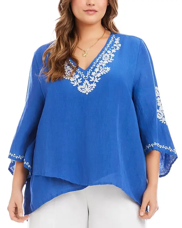 Karen Kane Embroidered Asymmetrical Top - Blue
