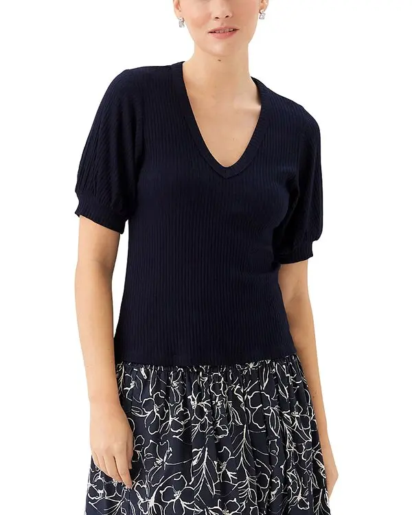 Karen Kane Ribbed Puffed Sleeve Top - Navy