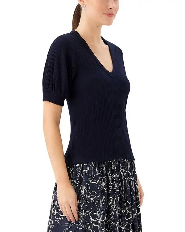 Karen Kane Ribbed Puffed Sleeve Top - Navy