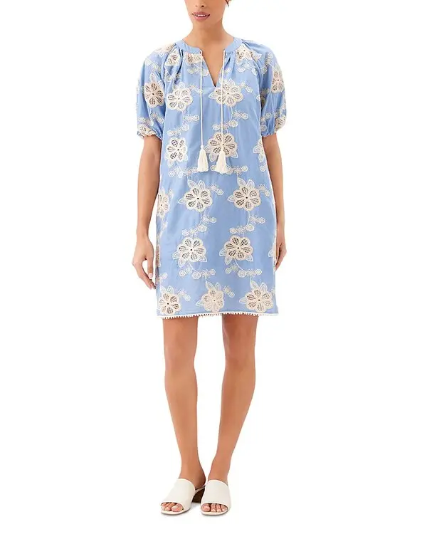 Karen Kane Embroidered Puff Sleeve Dress - Chambray/natural
