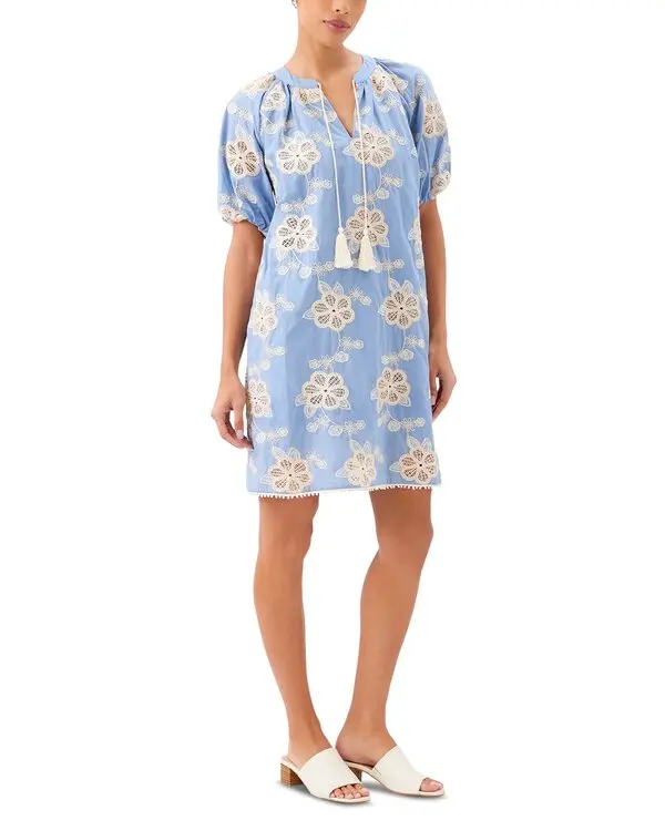 Karen Kane Embroidered Puff Sleeve Dress - Chambray/natural