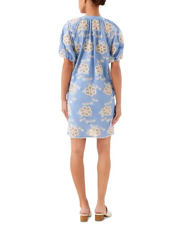 Karen Kane Embroidered Puff Sleeve Dress - Chambray/natural