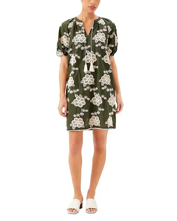 Karen Kane Embroidered Puff Sleeve Dress - Olive/natural