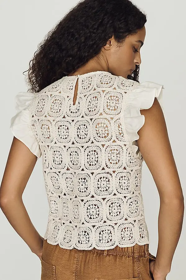 DOLAN LEFT COAST Cotton Crochet Flutter Sleeve Top