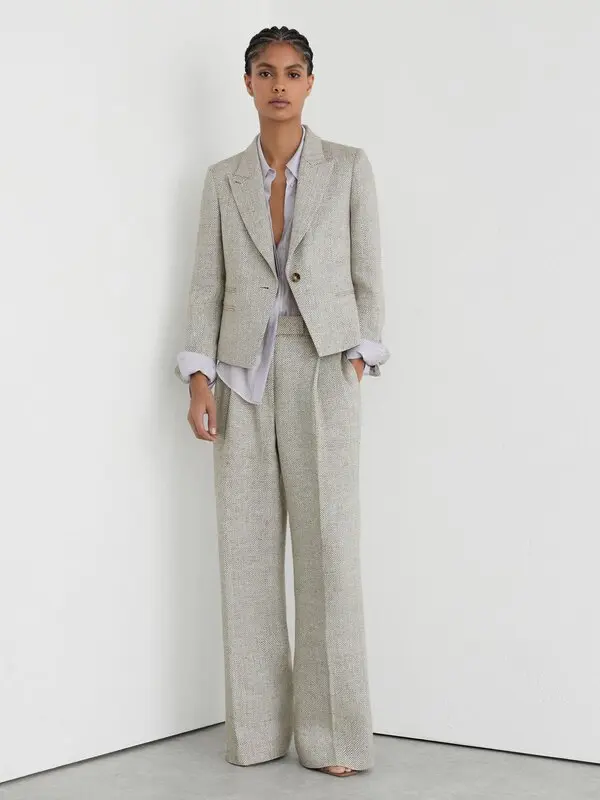 REISS Ezra Herringbone Linen-blend Cropped Suit Blazer - Neutral