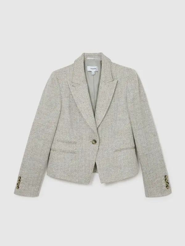 REISS Ezra Petite Herringbone Linen-blend Cropped Suit Blazer