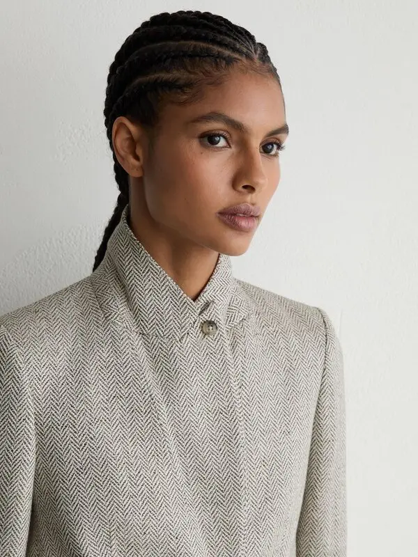 REISS Ezra Petite Herringbone Linen-blend Cropped Suit Blazer