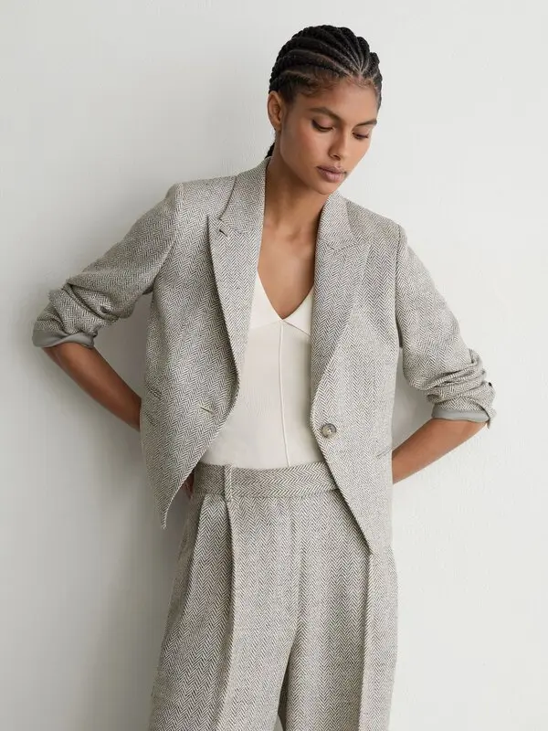 REISS Ezra Petite Herringbone Linen-blend Cropped Suit Blazer