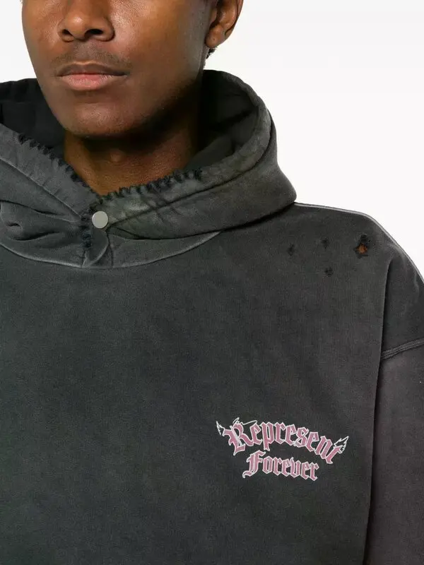 REPRESENT Duality Distressed Graphic-print Cotton Hoodie