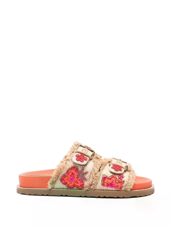 CORAL BLUE Floral Embroidered Fringed Sandals
