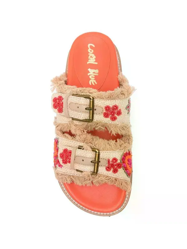 CORAL BLUE Floral Embroidered Fringed Sandals