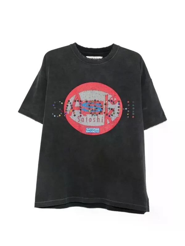SATOSHI NAKAMOTO Crystal-embellished Distressed-effect T-shirt