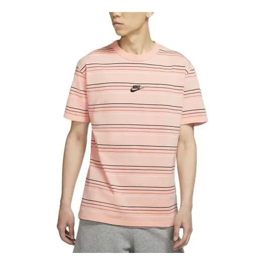 Nike Embroidered Logo Stripe Loose Knit Sports Short Sleeve T-shirt - Pink