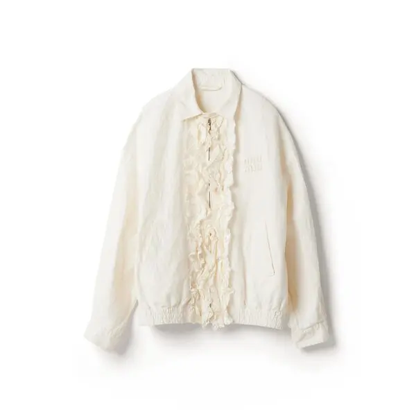 Miu Miu Washed Slubbed Canvas Blouson Jacket With Ruffle Detail - Ivory