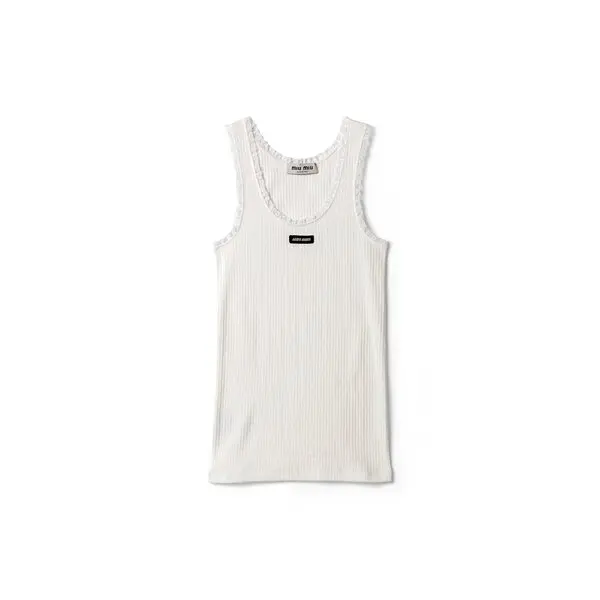 Miu Miu Cotton Ribbed Tank Top With Lace Trim