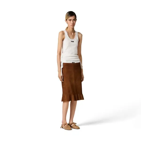 Miu Miu Cotton Ribbed Tank Top With Lace Trim