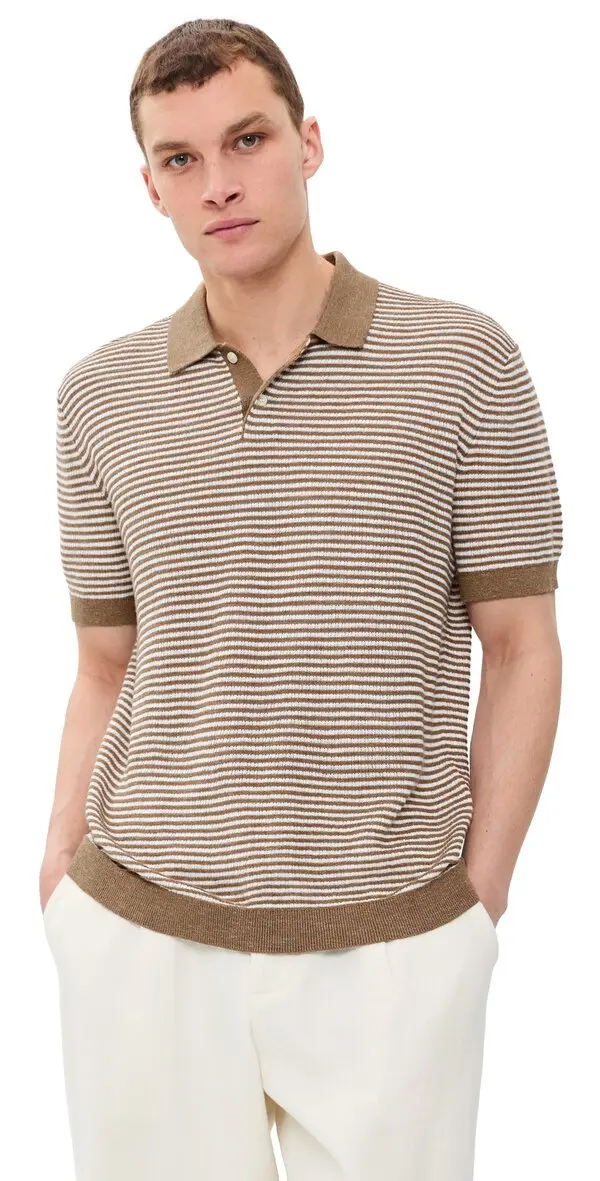 Theory Striped Polo In Pacific Linen - Fresh Khaki/winter Ivory