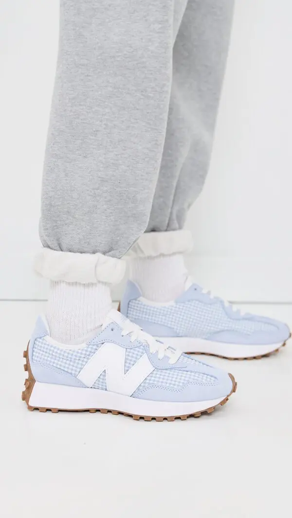 NEW BALANCE 327 Sneakers With Gingham Seersucker Trim - Blue/white