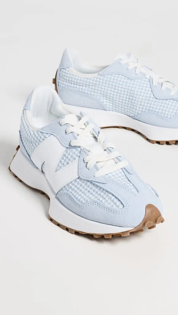 NEW BALANCE 327 Sneakers With Gingham Seersucker Trim - Blue/white