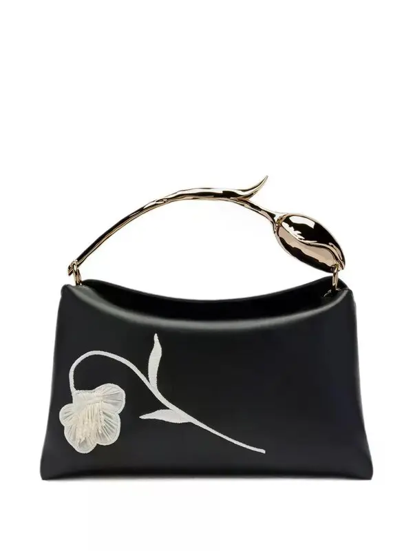 Erdem Midi Bloom Embroidered Leather Tote Bag - Black