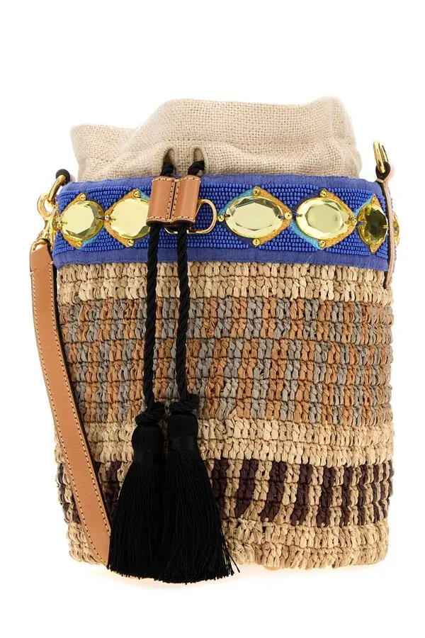 Valentino Garavani Embroidered Raffia Vlogo Signature Bucket Bag - Multicolor