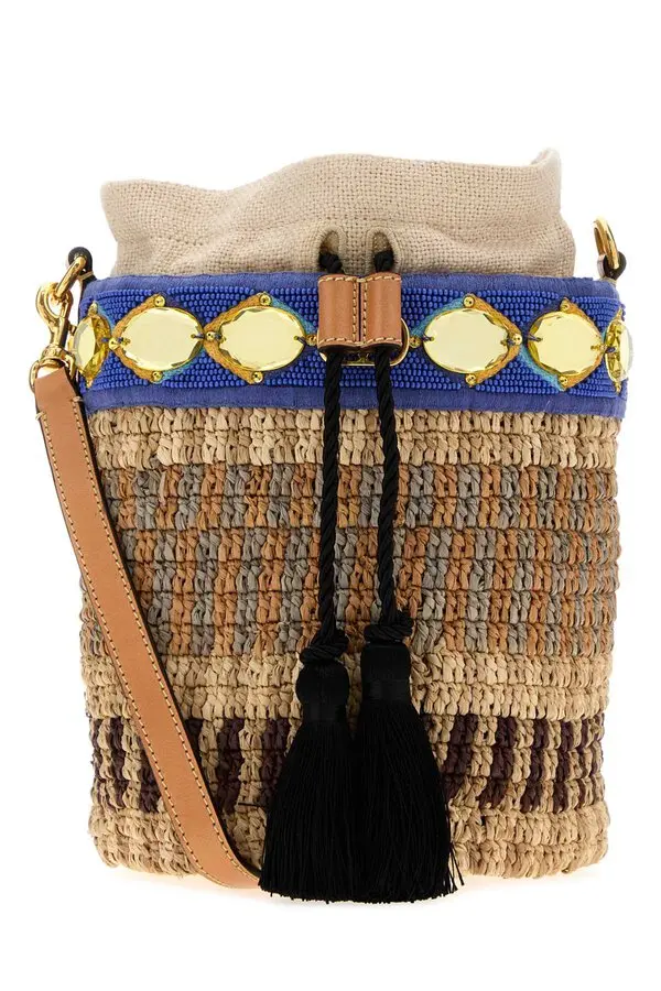 Valentino Garavani Embroidered Raffia Vlogo Signature Bucket Bag - Multicolor