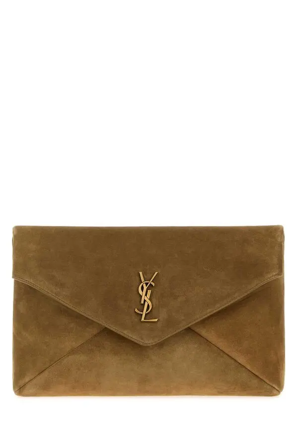 Saint Laurent Camel Suede Large Envelope Clutch - Brown