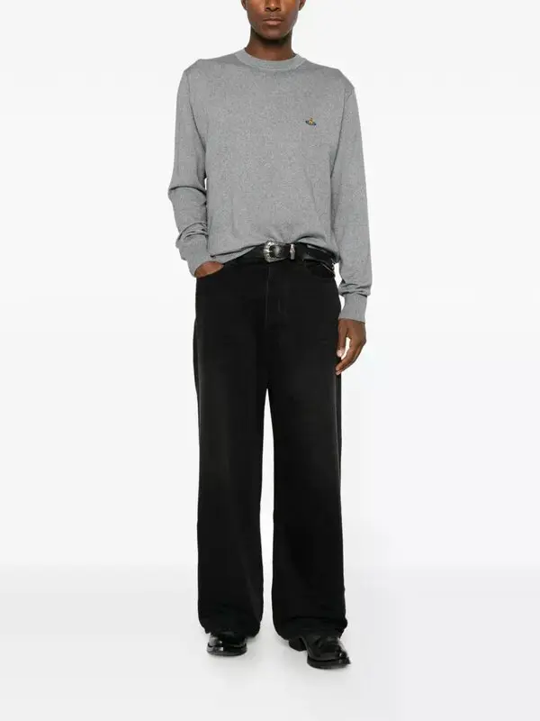 VIVIENNE WESTWOOD Alex Embroidered-detail Crew-neck Long-sleeve Knitted Cotton T-shirt - Grey