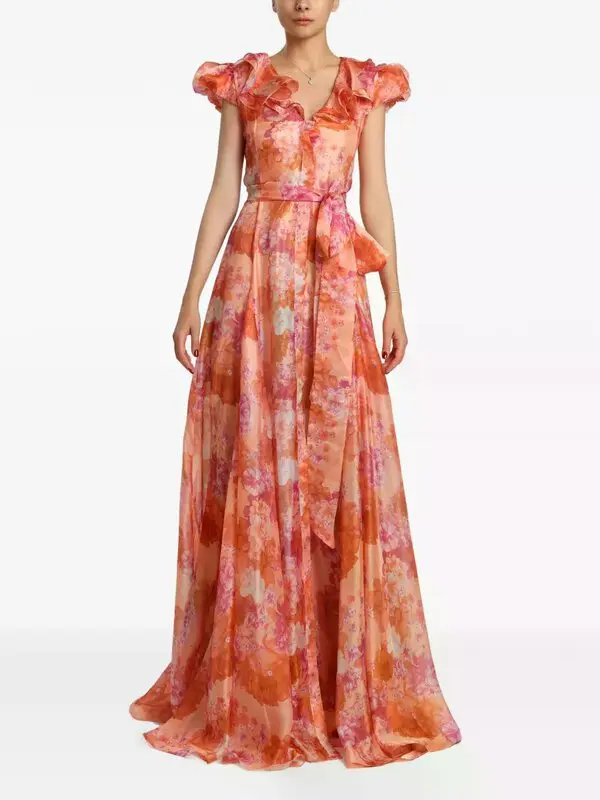 MIAU BY CLARA ROTESCU Poems Floral-print Ruffled Gown - Orange