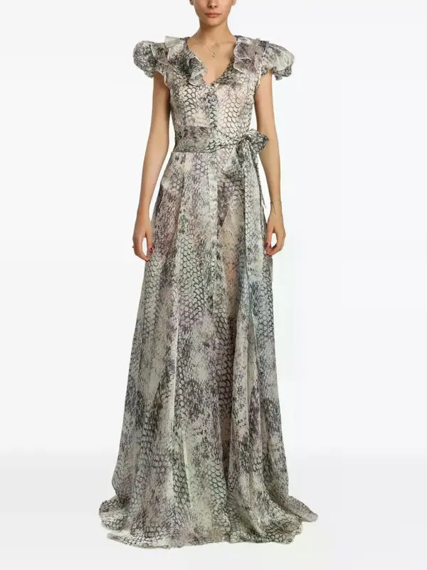 MIAU BY CLARA ROTESCU Irina Snakeskin-print Ruffled Gown - Neutrals