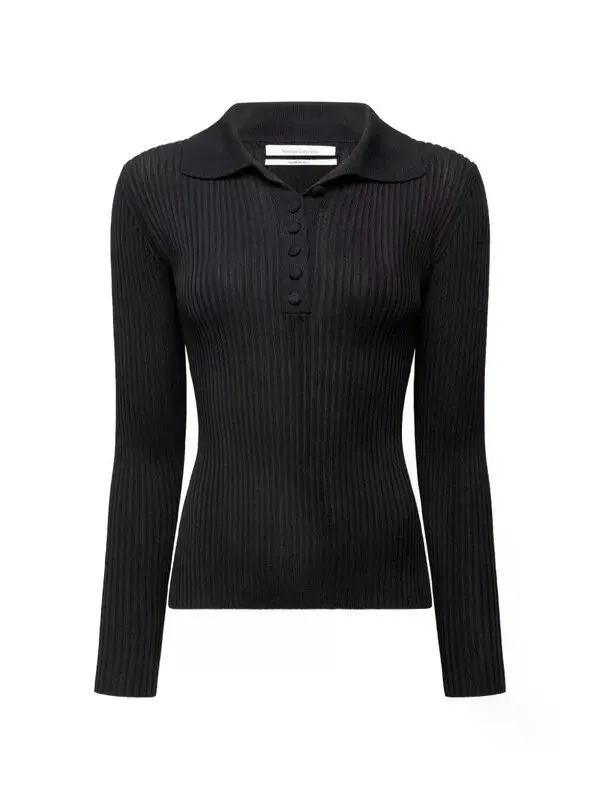 Another Tomorrow Ribbed-knit Polo Top