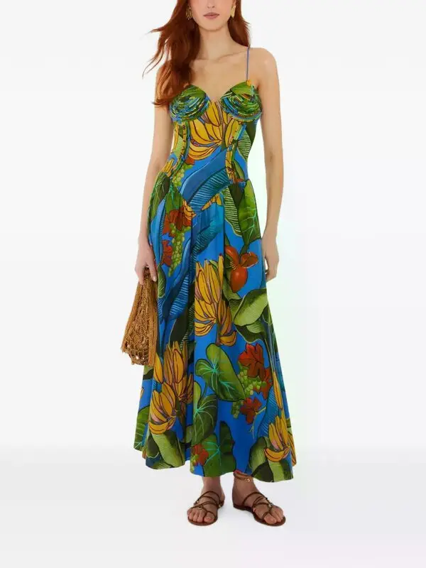 Farm Rio Banana Grapes 3d Bodice Sleeveless Maxi Dress - Blue