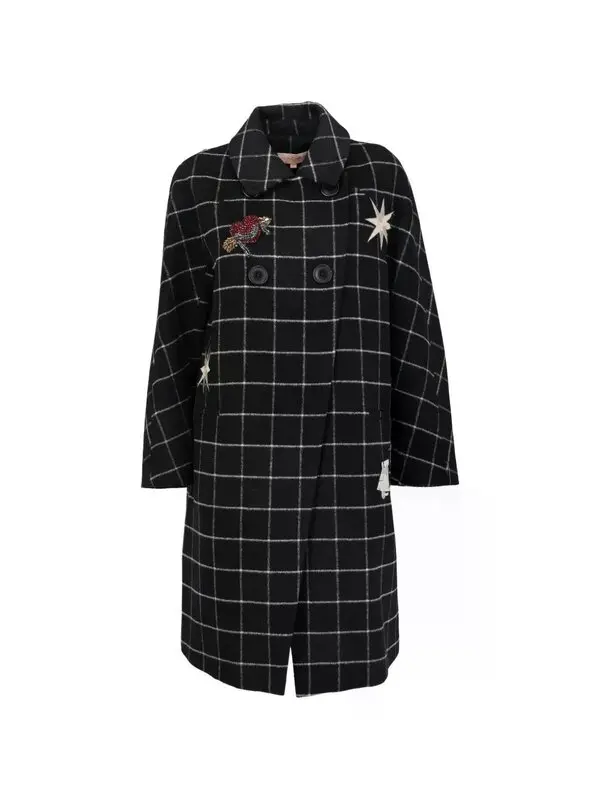Vintage Checkered Embroidered Coat - Black