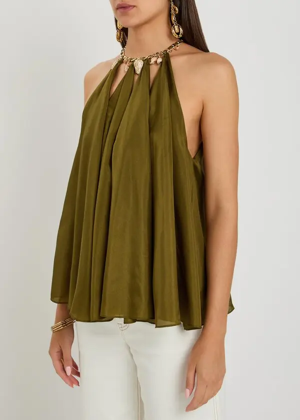 Zimmermann Embellished Charm-effect Silk Halterneck Blouse - Olive