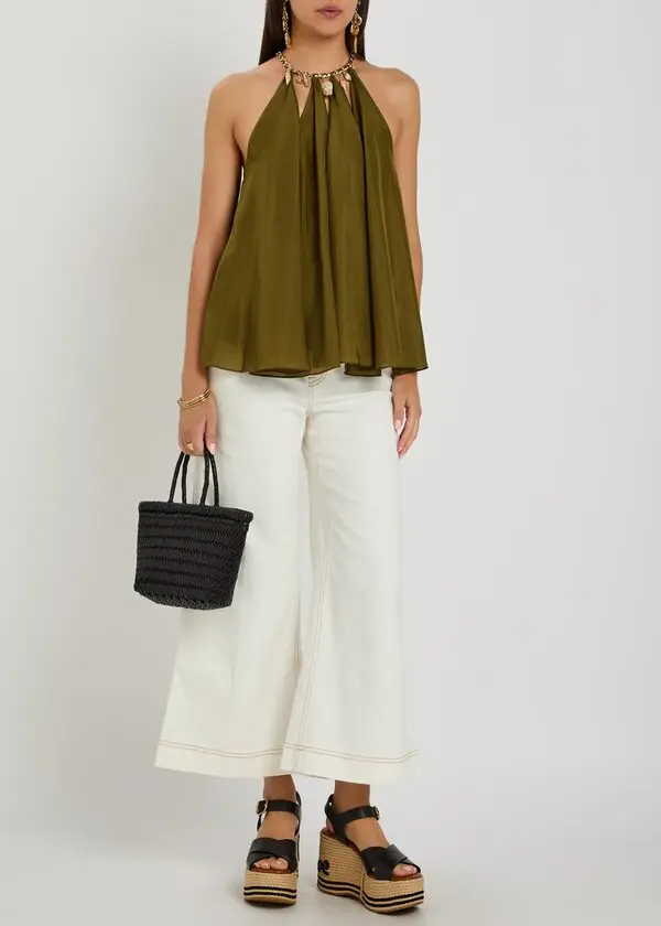 Zimmermann Embellished Charm-effect Silk Halterneck Blouse - Olive