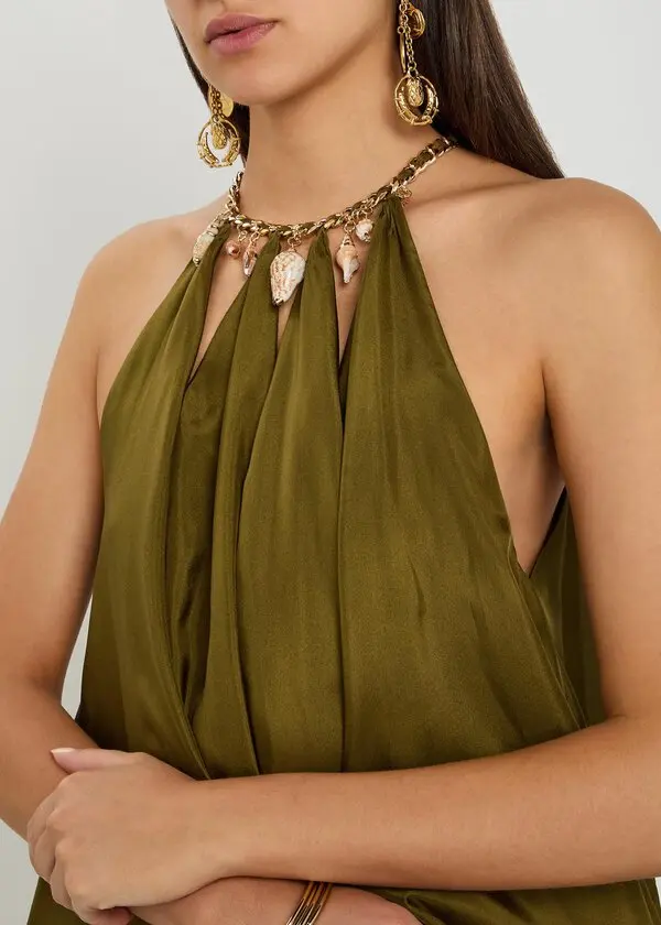 Zimmermann Embellished Charm-effect Silk Halterneck Blouse - Olive