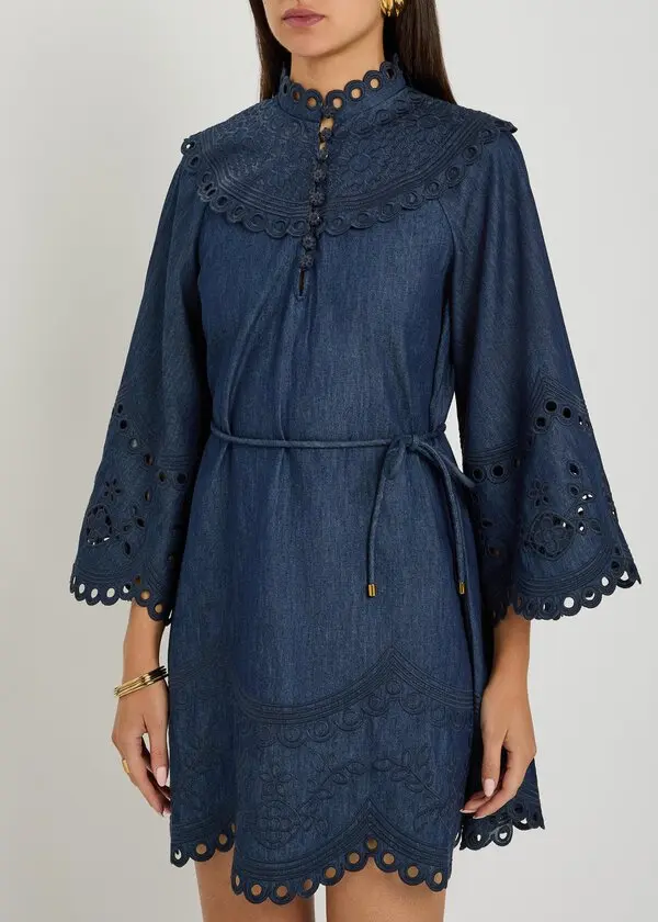 Zimmermann Mohon Broderie Anglaise Denim Mini Dress