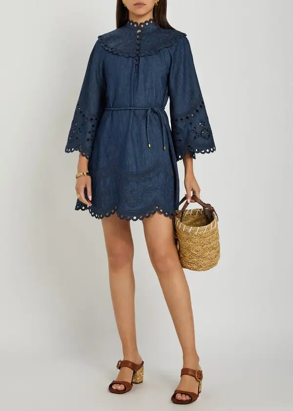 Zimmermann Mohon Broderie Anglaise Denim Mini Dress