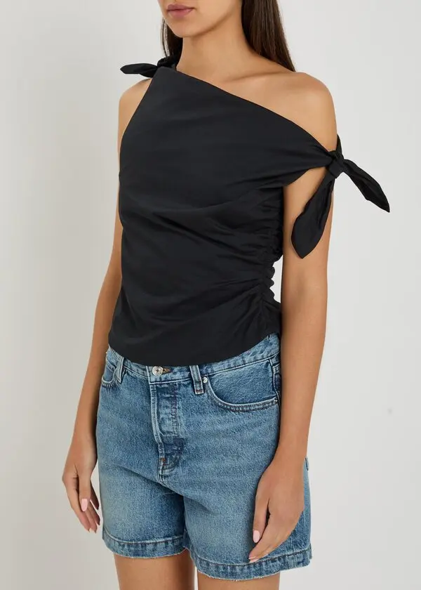 Staud Bellaria Ruched Stretch-cotton Top - Black