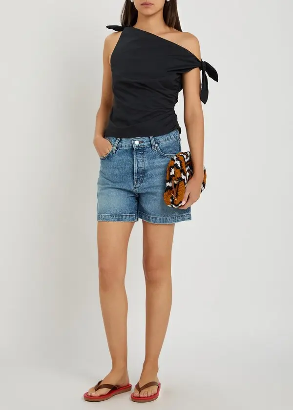 Staud Bellaria Ruched Stretch-cotton Top - Black