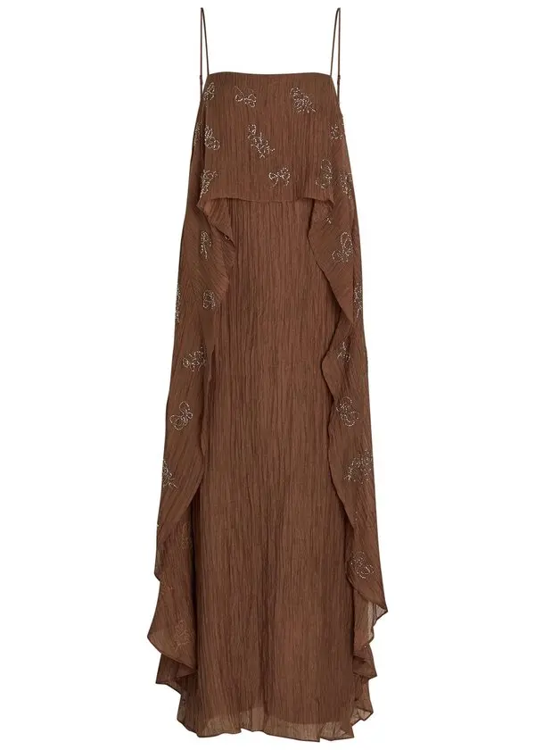 Staud Valencia Bead-embellished Crinkled Plissé Maxi Dress - Brown