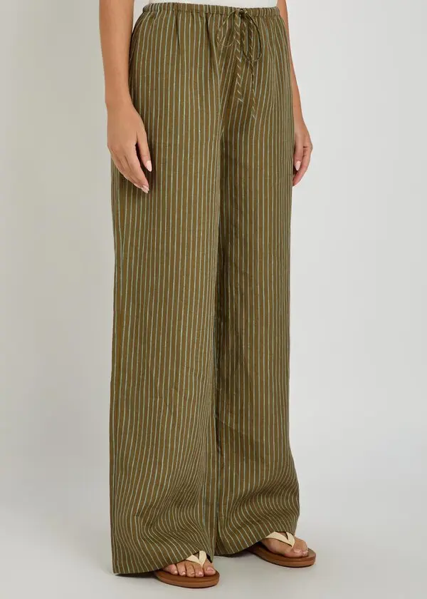 Staud Mateo Striped Linen Trousers - Green