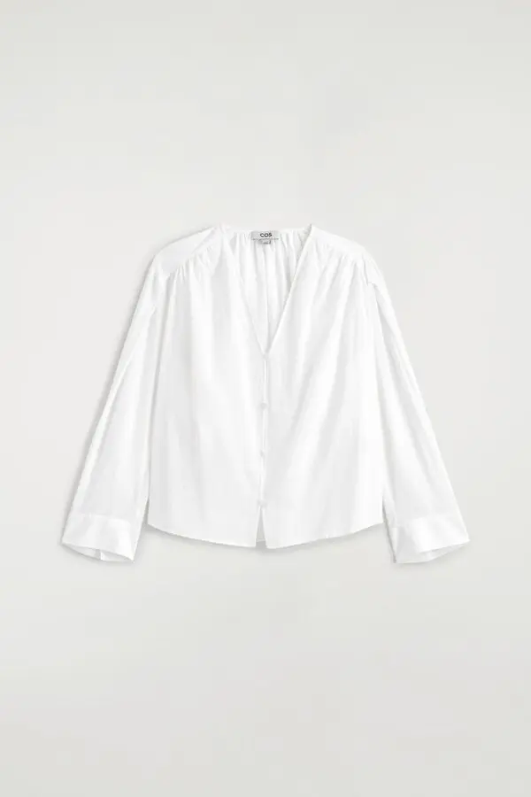 Cos Gathered Lightweight Cotton V-neck Shirt - White